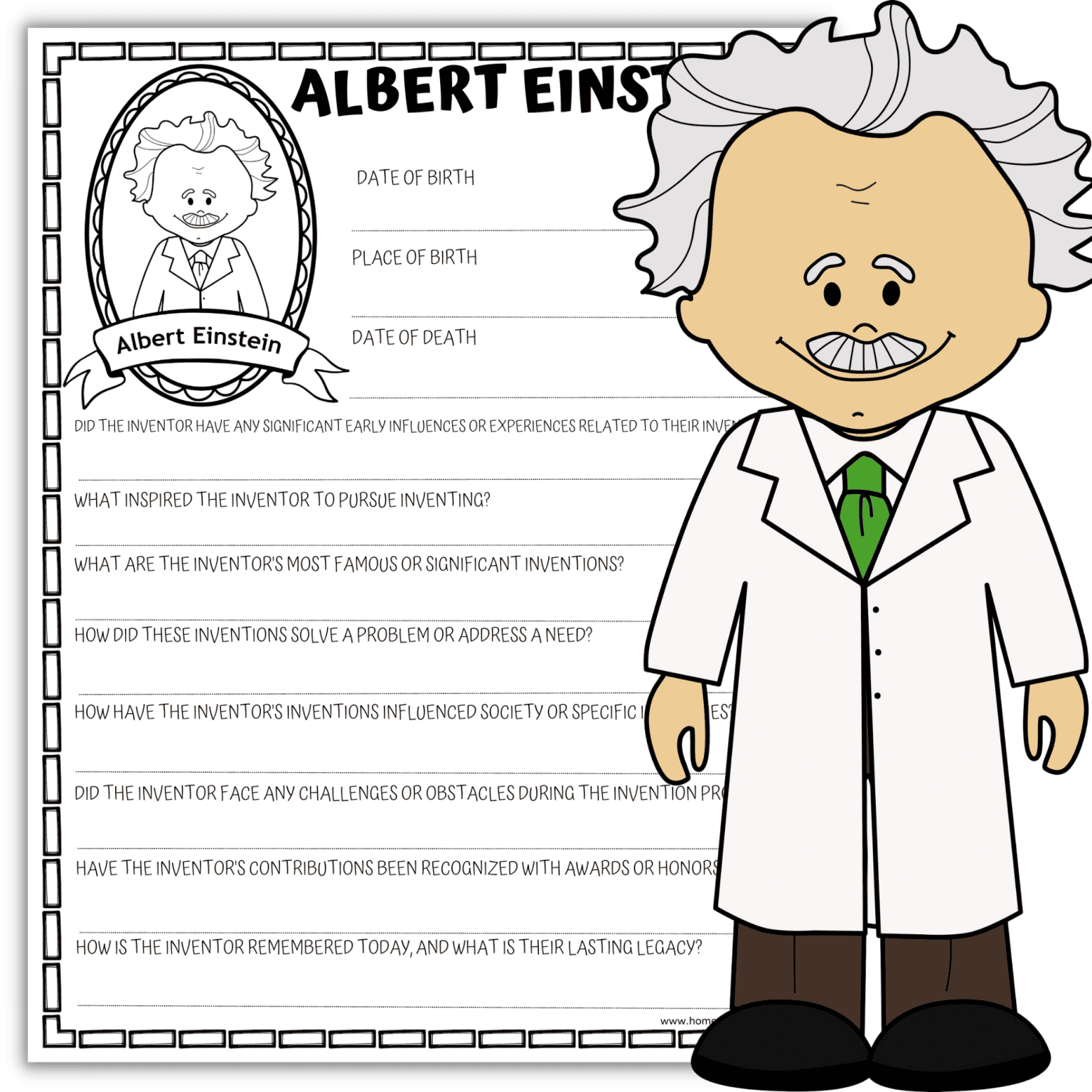 Albert Einstein Worksheets – Printable Biography & Coloring