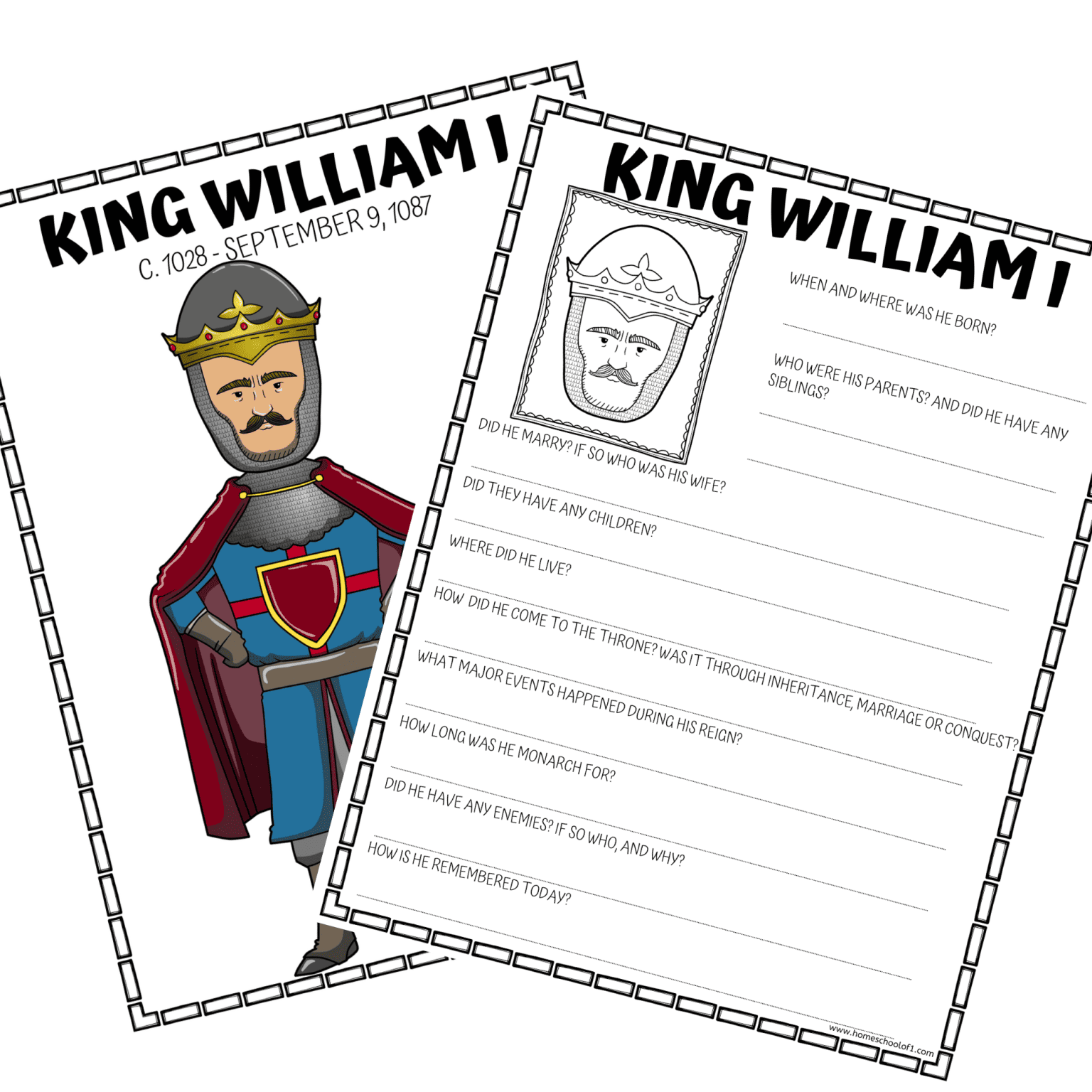 King William I Worksheet (William the Conqueror Poster & Research)