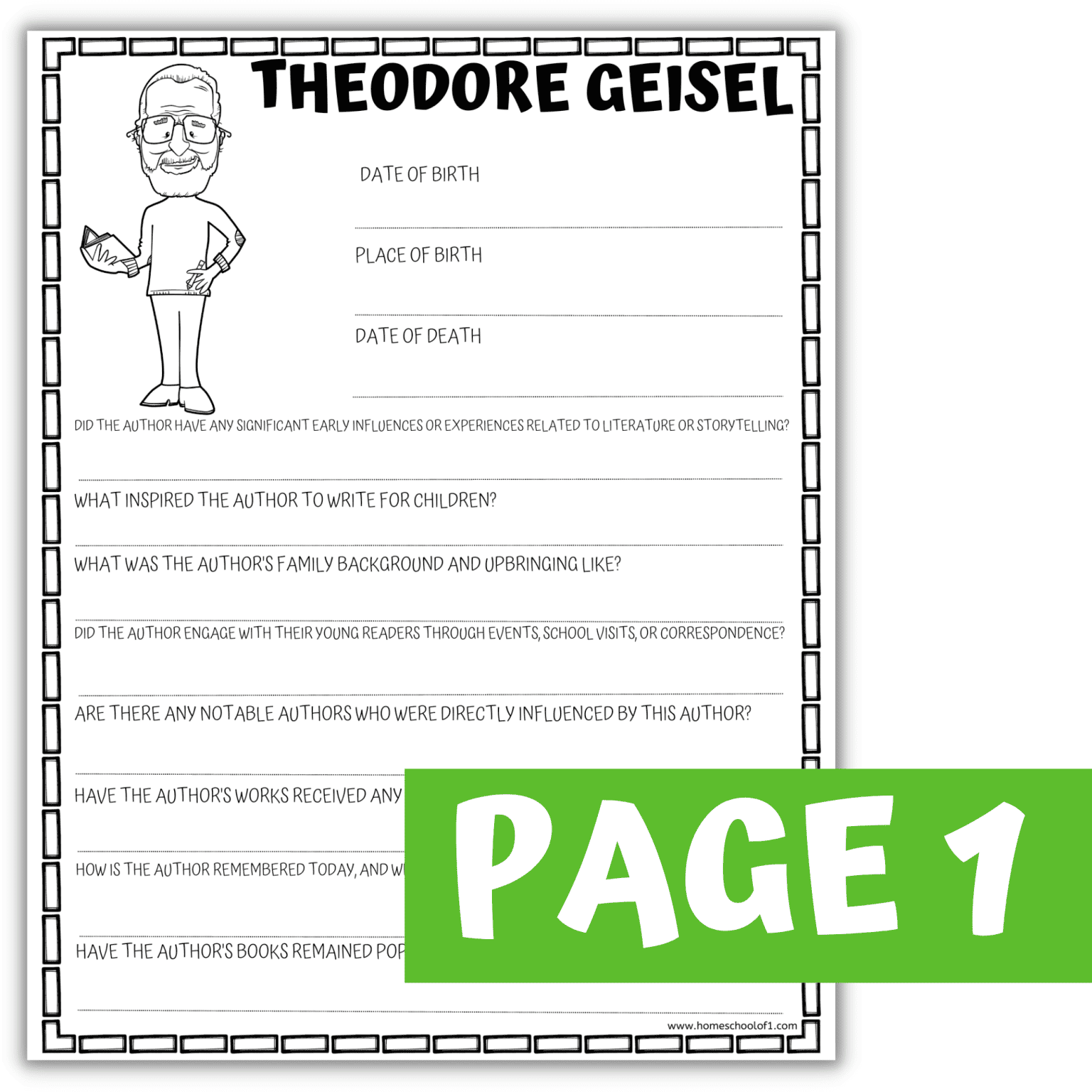 Dr Seuss Worksheet – Printable Author Study for Kids