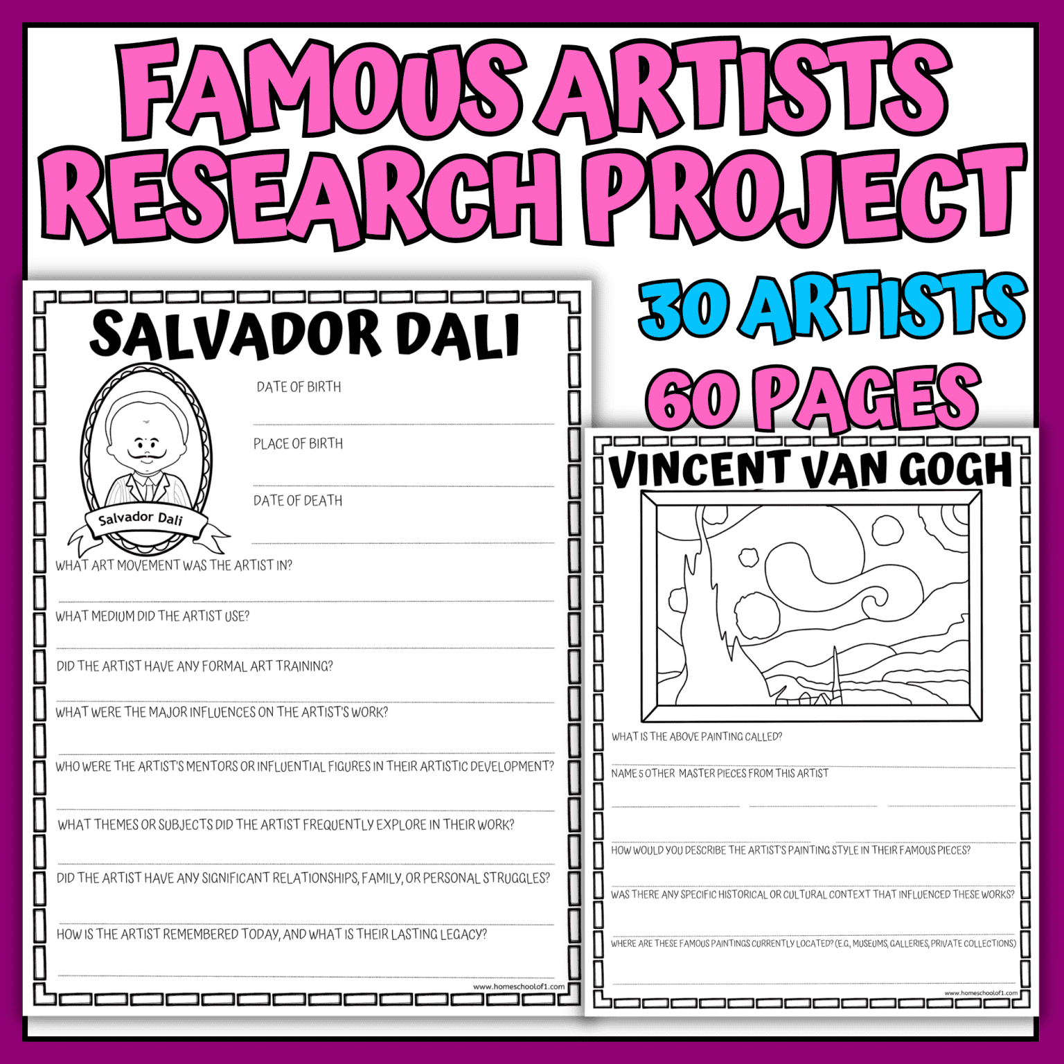 Famous Artist Research Worksheets – Printable of 30 Iconic Artists