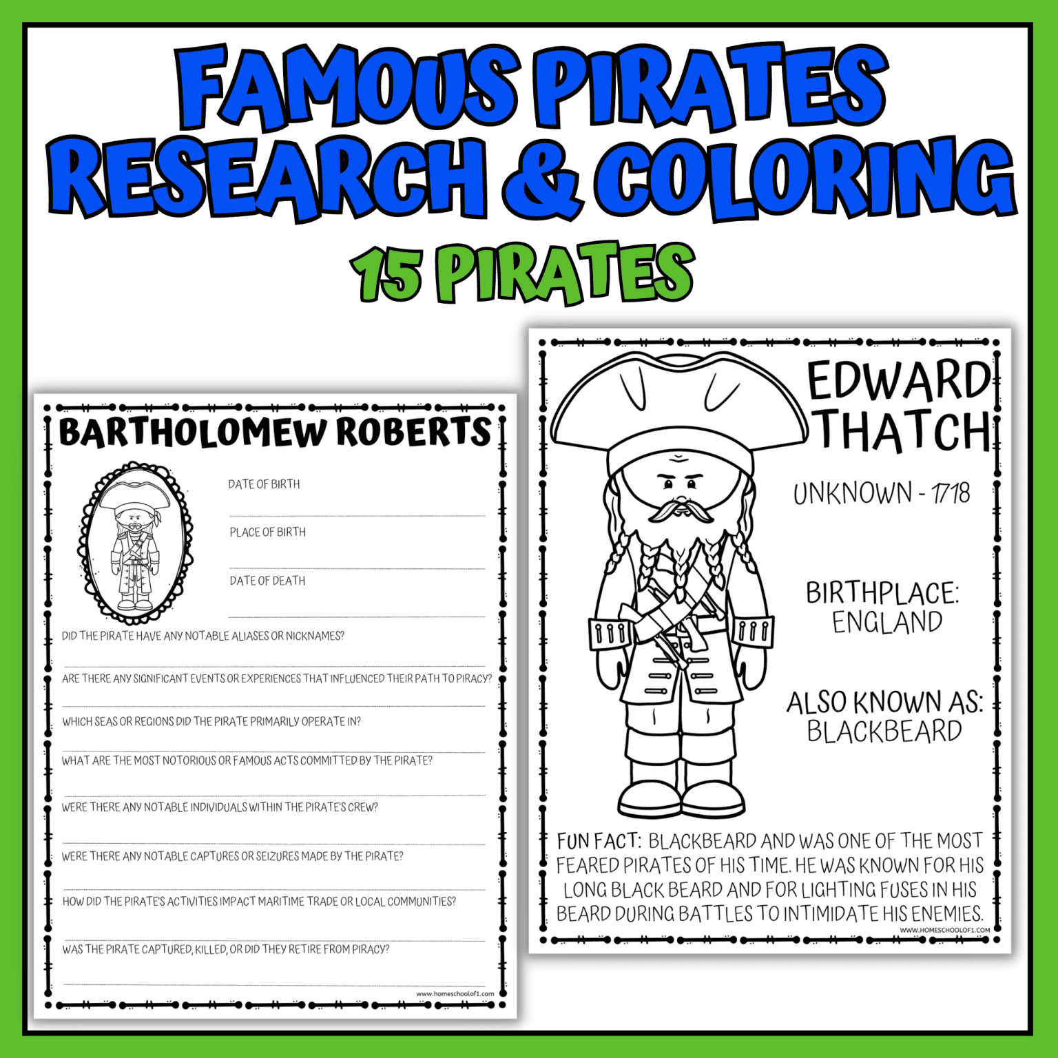 Pirate Worksheets – Printable Unit Study of 15 Famous Pirates