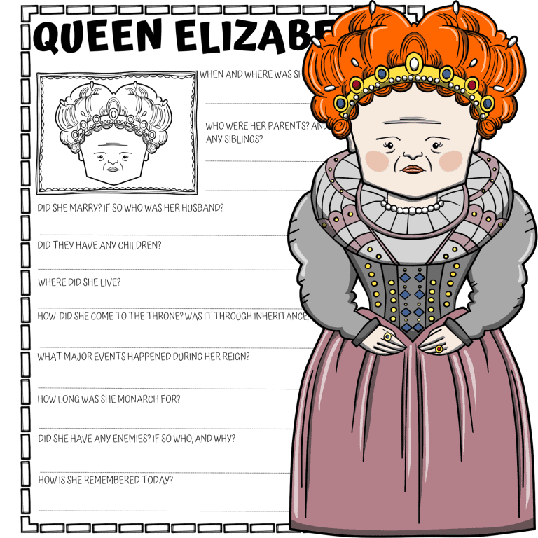 Queen Elizabeth I Worksheet – Poster, Coloring Page & Research