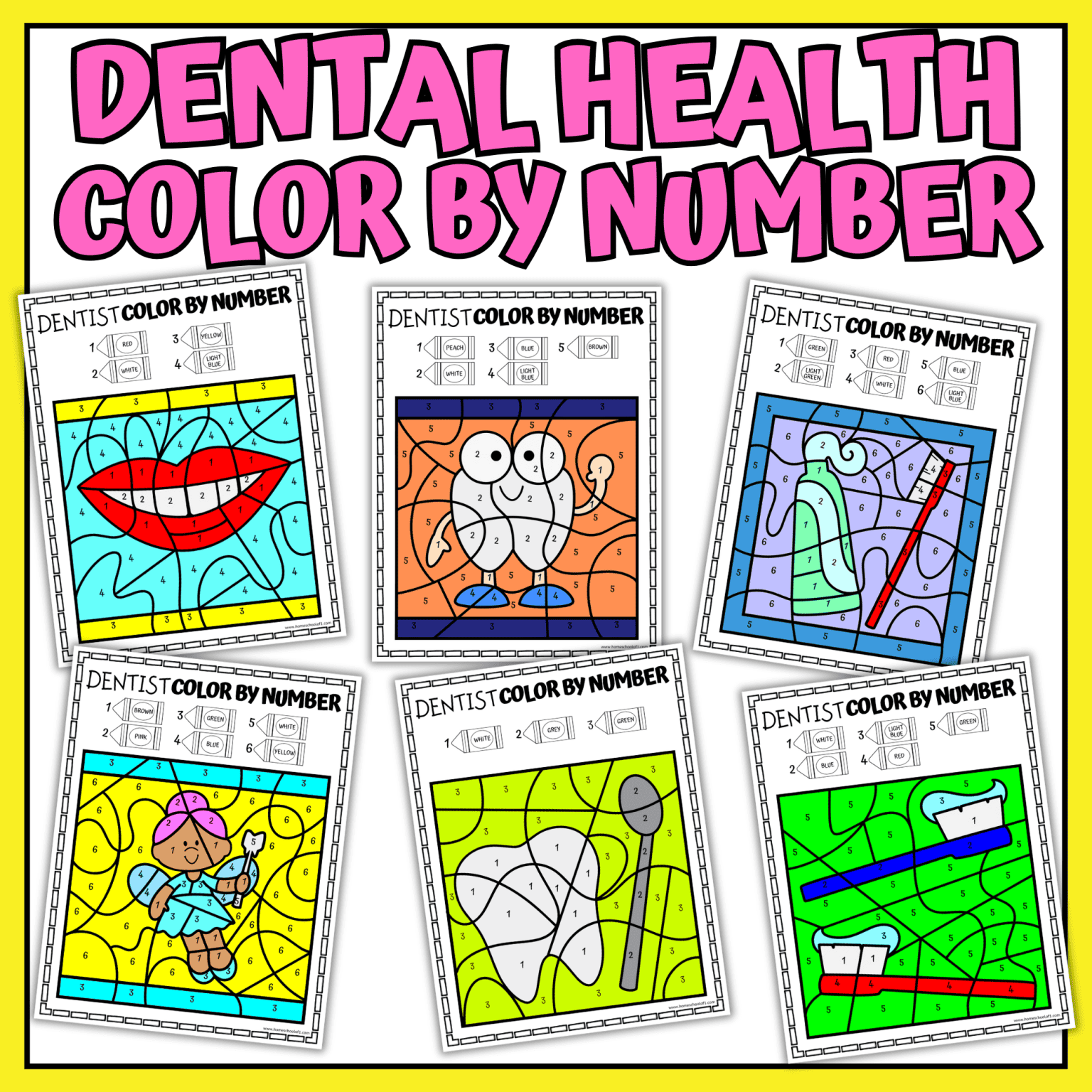 Dental Health Color By Number Worksheets