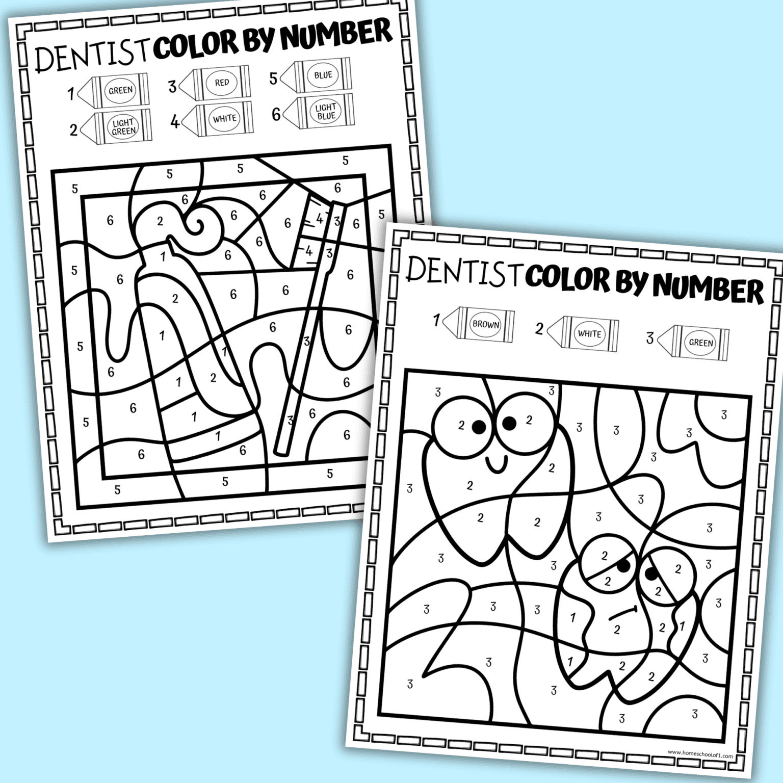 Dental Health Color By Number Worksheets